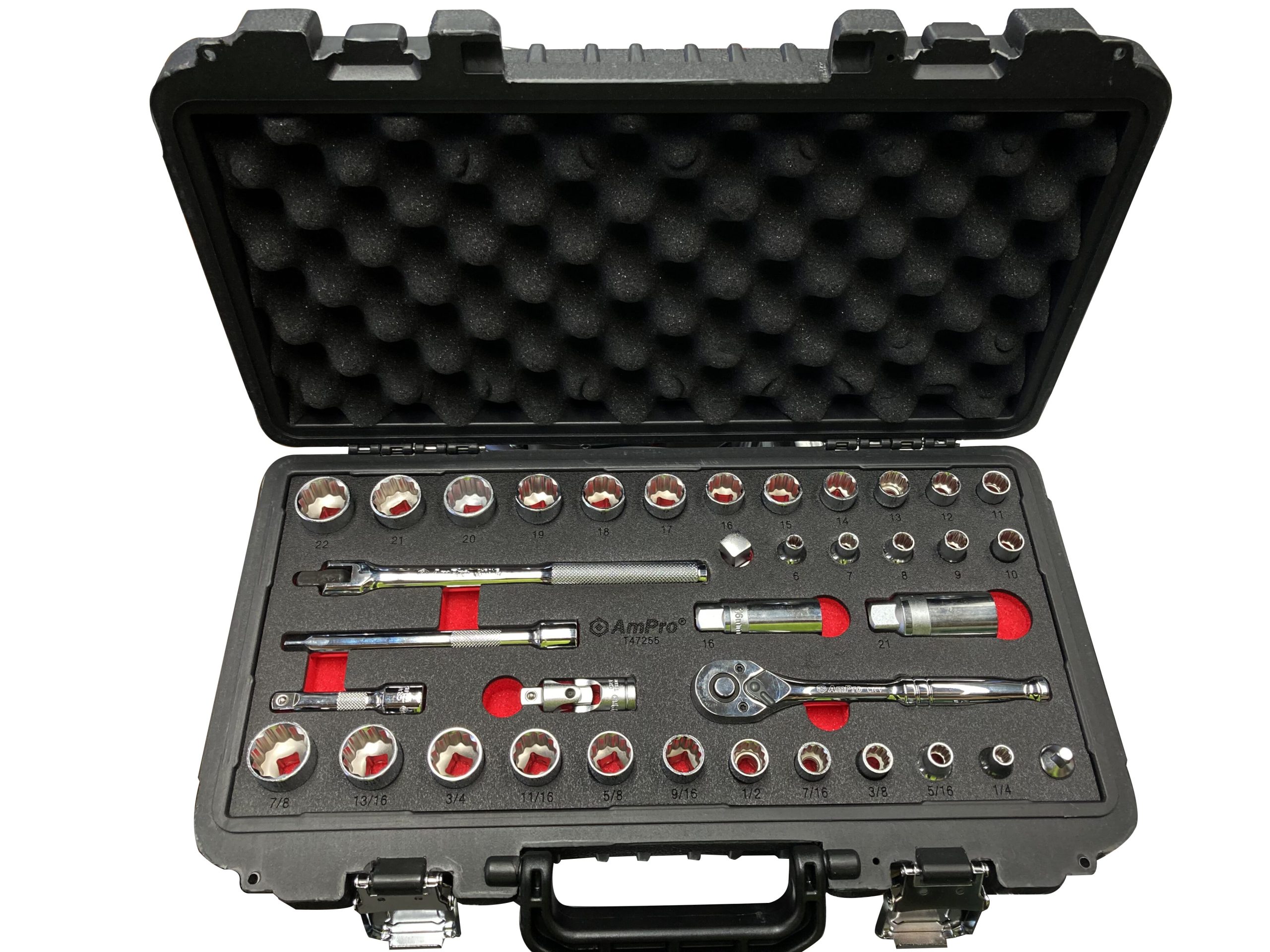 Ampro Socket Set 3/8"Dr 6-22mm & 1/4"-7/8" Metric/SAE 12pt 37pc (in ...
